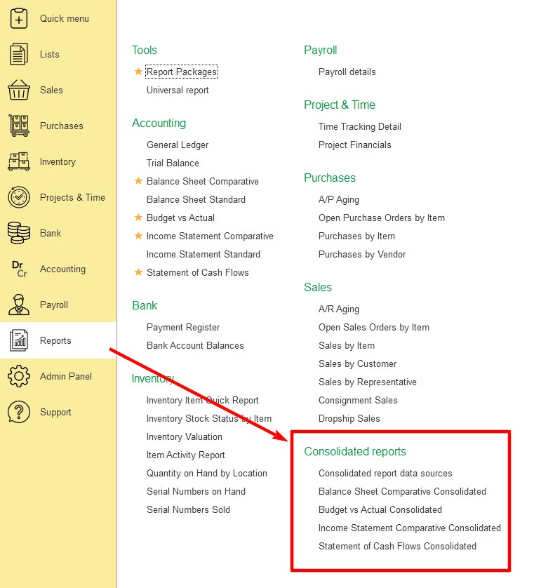 Consolidated reports – AccountingSuite